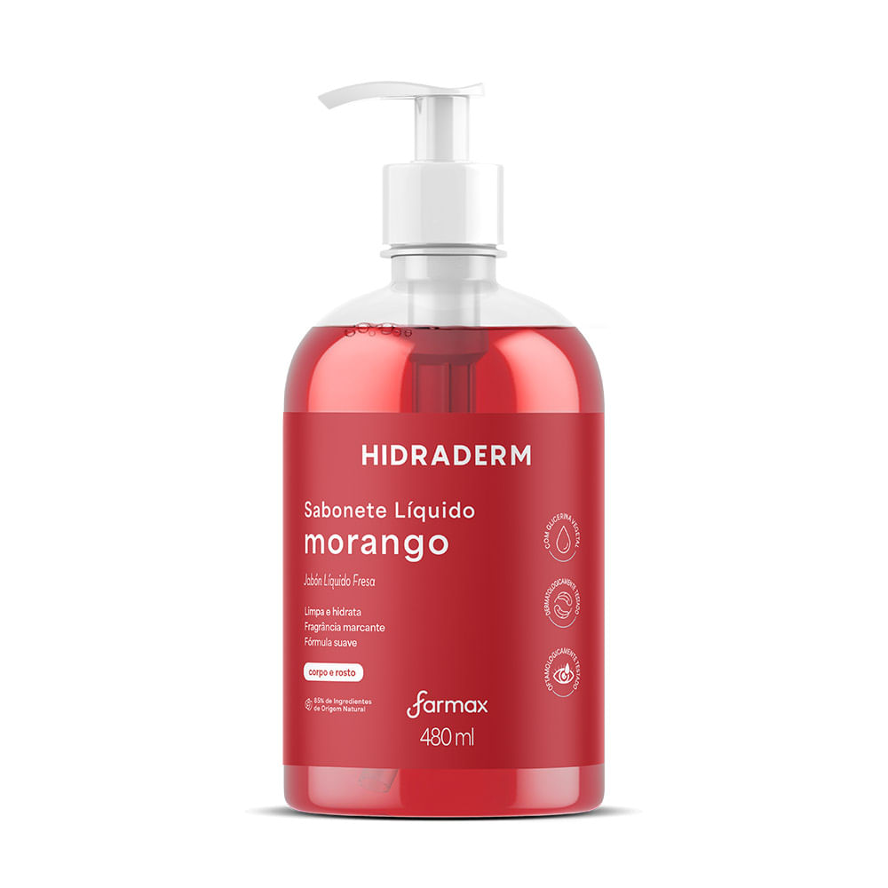 SABONETE LIQUIDO CORPO E ROSTO MORANGO HIDRADERM 480ML - Farmax